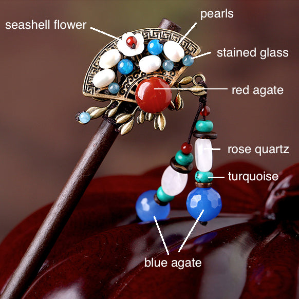 HANDMADE Women Hair Pin Japanese Fan Pearl Tassels Classic Hairpin Woo ...